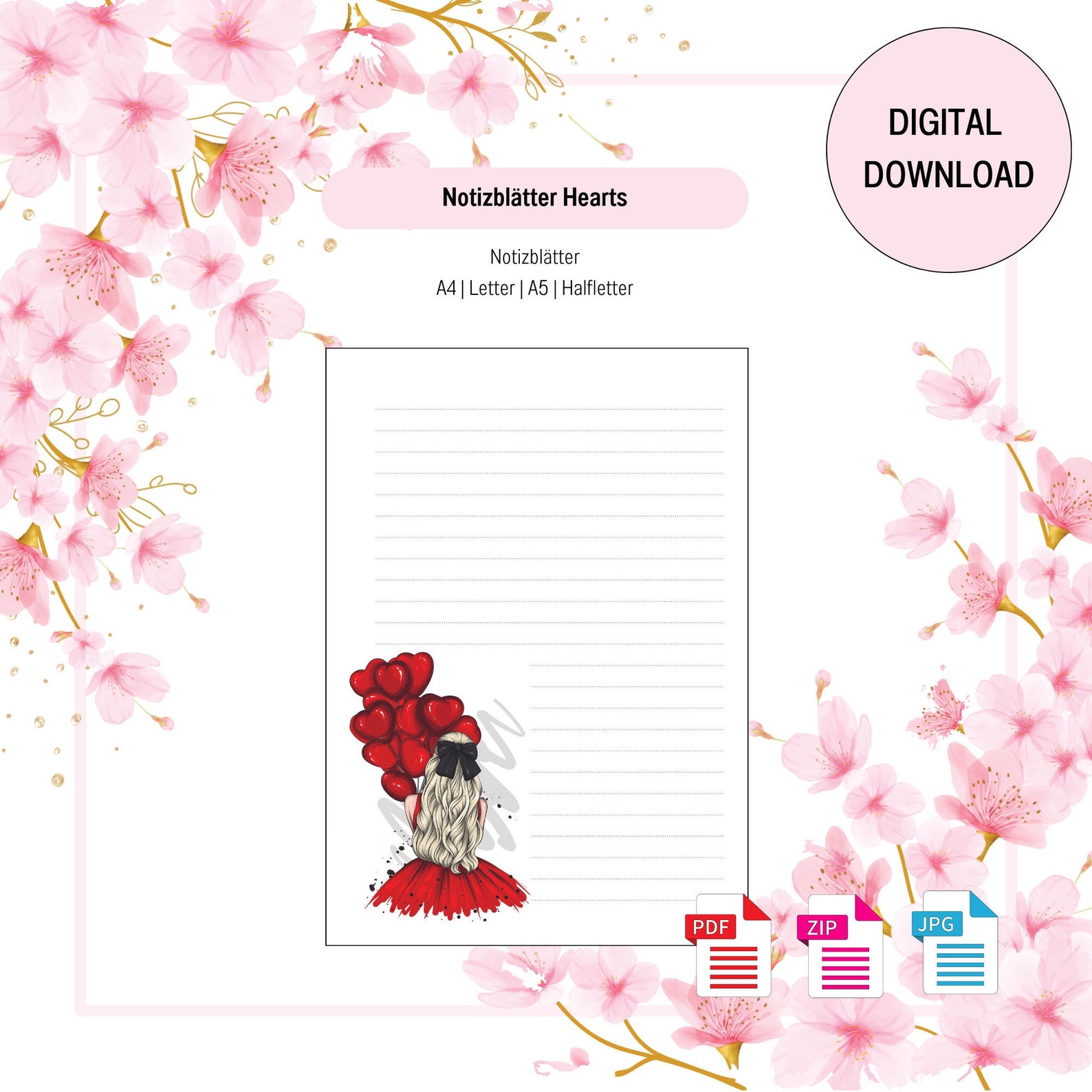 Printable Notes Pages Hearts, Lined Paper, Notetaking Pages Pdf, Lined ...