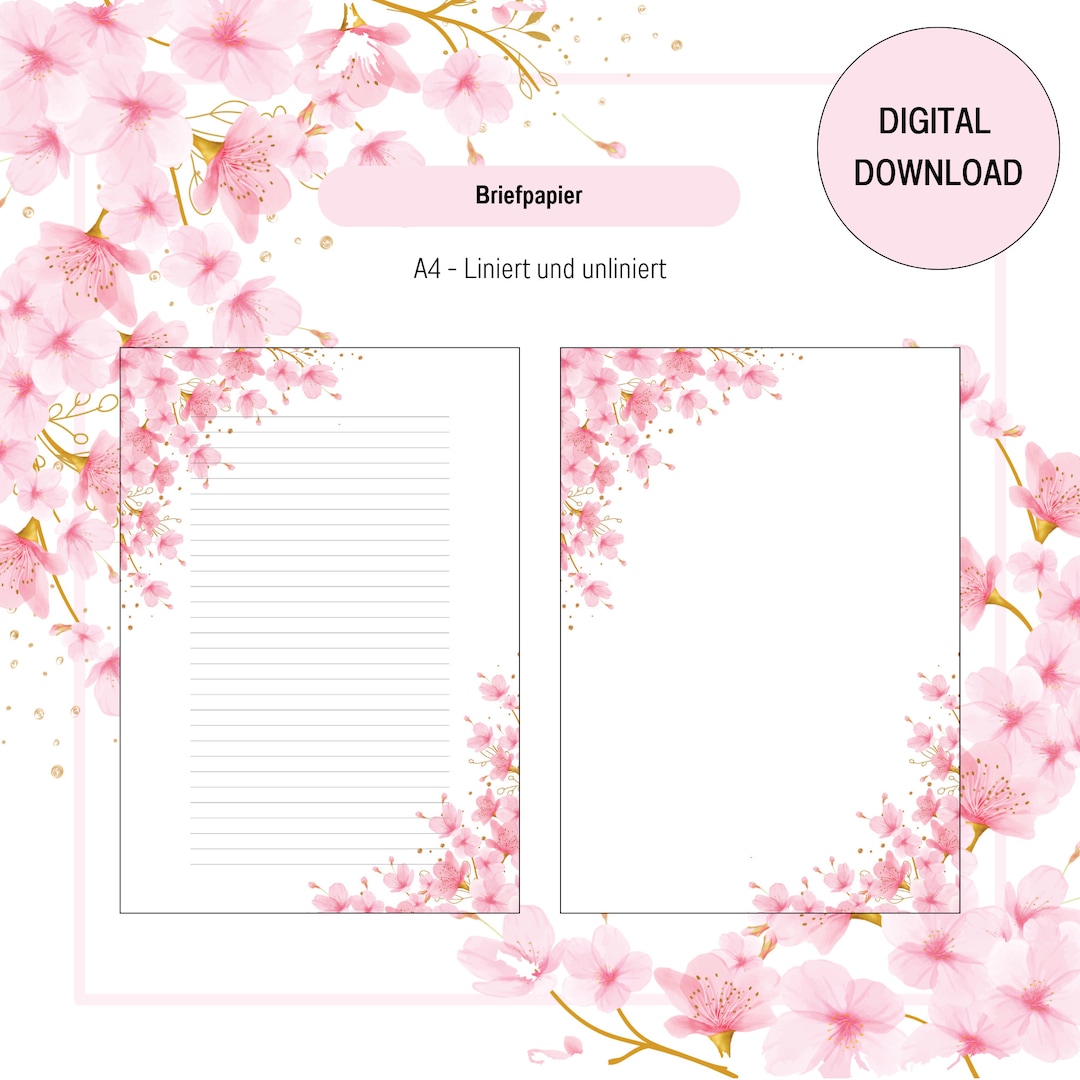 Cherry Blossom Printable Stationery, Lined Paper, Floral Printable ...