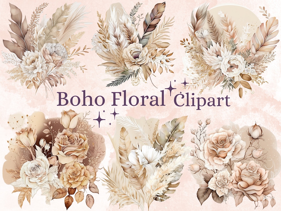 19 PNG Watercolor Elegant Boho Floral Clipart, Boho Flowers Clip Art ...