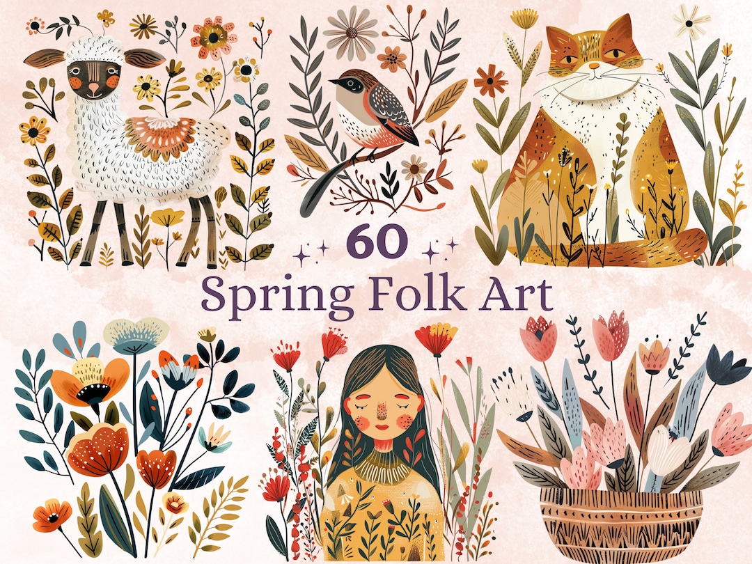 60 PNG Watercolor Spring Folk Art Clipart, Scandinavian Spring Animal ...