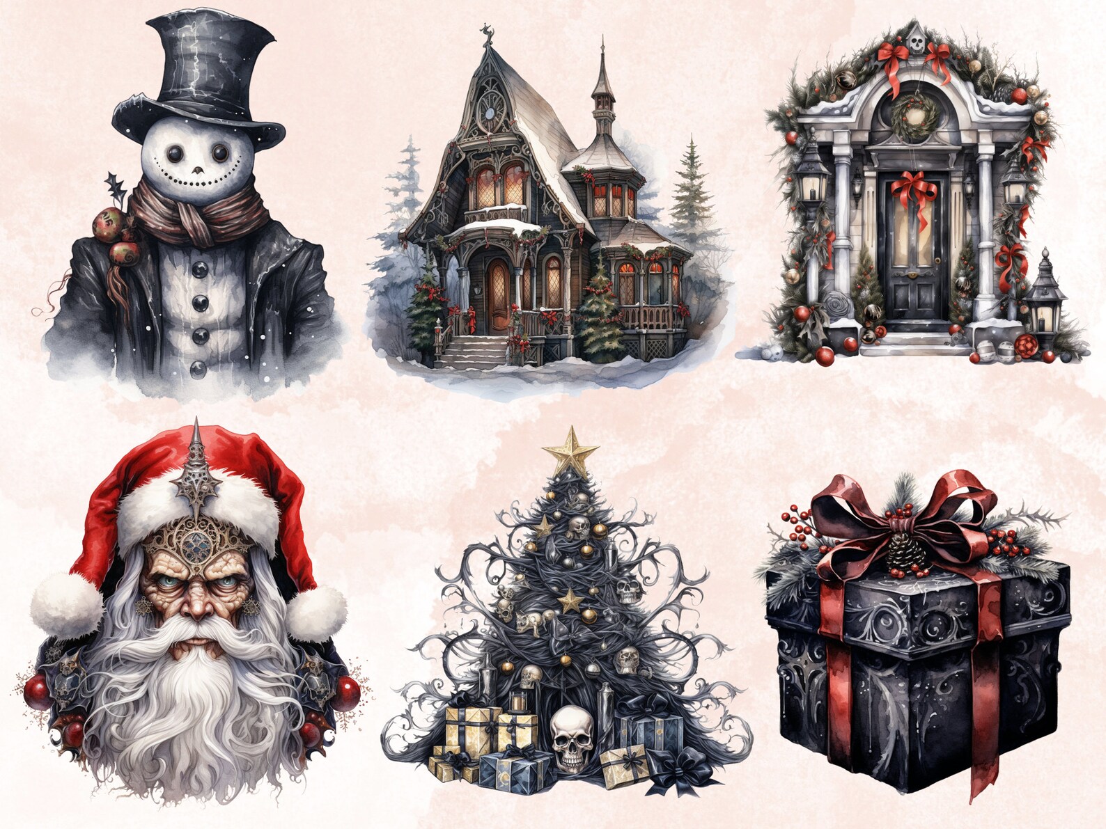 42 PNG Watercolour Gothic Creepy Christmas Bundle Clipart, Spooky Dark ...