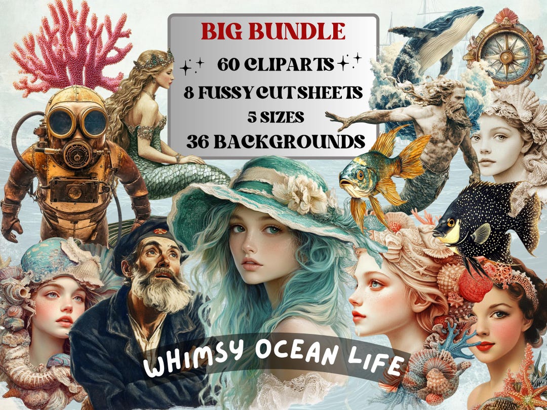 Whimsy Ocean Life Collage Elements, Whimsical Underwater Fussy Cut ...