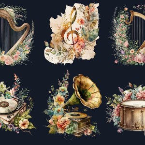 33 PNG Watercolor Floral Music Clipart, Musical Instruments PNG Clip ...