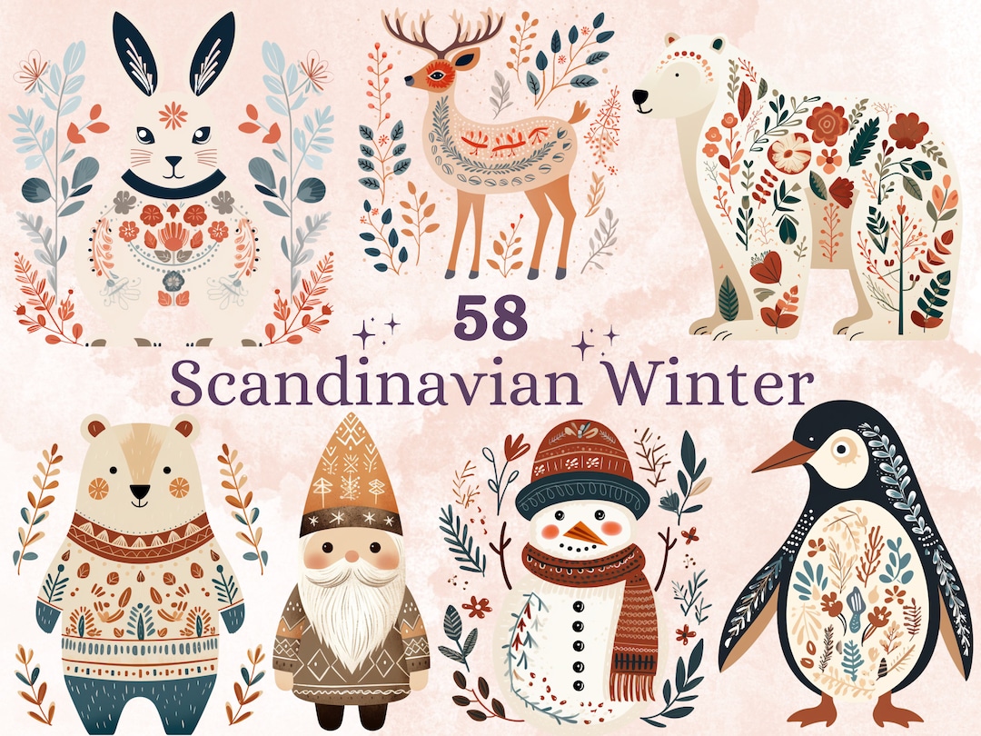 58 PNG Watercolour Scandinavian Winter Clipart, Snowy Winter Folk Art ...