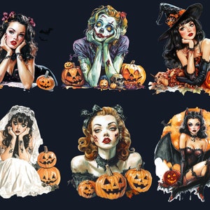 25 PNG Watercolor Vintage Halloween Pin up Girls Clipart, Retro ...