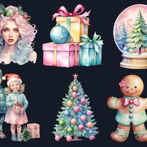 45 PNG Watercolour Pastel Christmas Bundle Clipart, Pink Blue Christmas ...