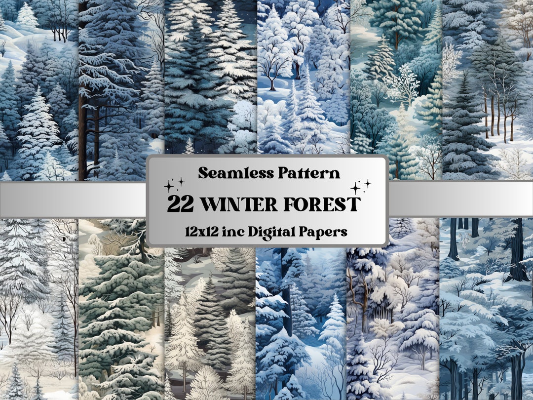 Seamless Winter Forest Digital Paper Pack, Snowy Woodland Repeating ...