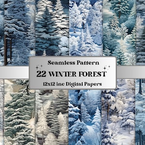 Seamless Winter Forest Digital Paper Pack, Snowy Woodland Repeating Pattern, Christmas Holiday ...