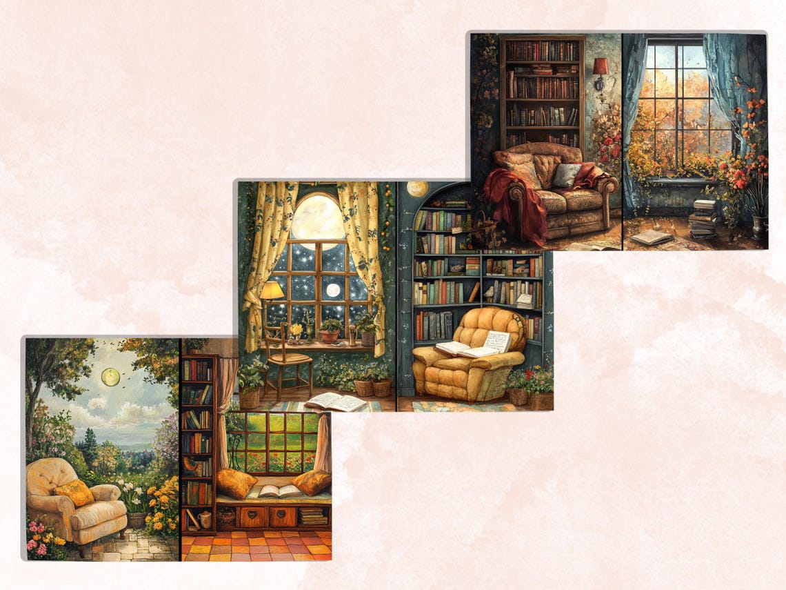 Cozy Reading Corner Junk Journal Kit, Comfy Reading Scenes Pages ...