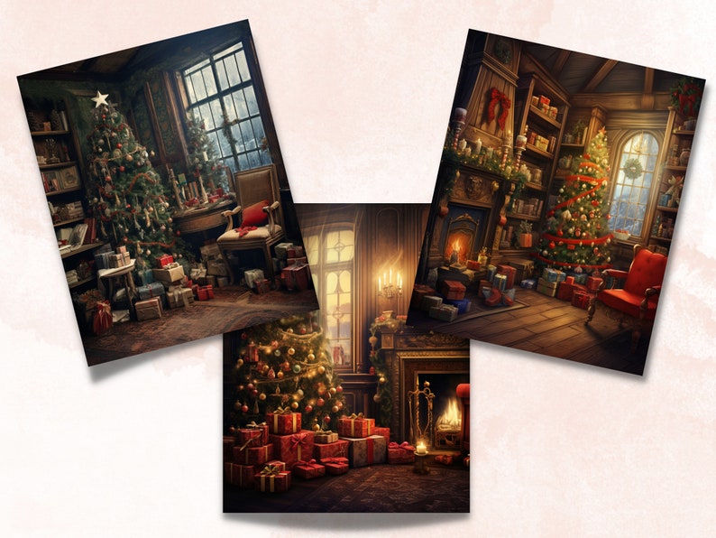 Printable Vintage Christmas Interior Digital Paper, Christmas Holiday ...