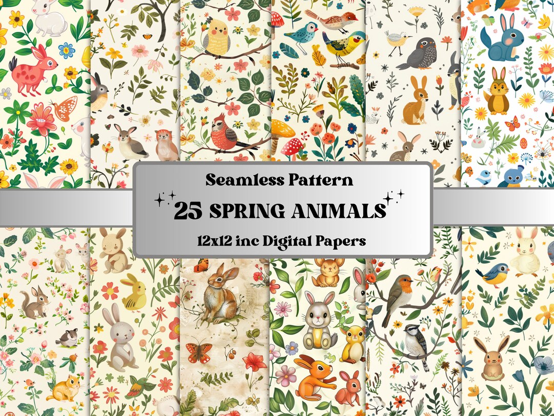 Seamless Spring Animals Digital Paper, Spring Woodland Seamless Pattern ...