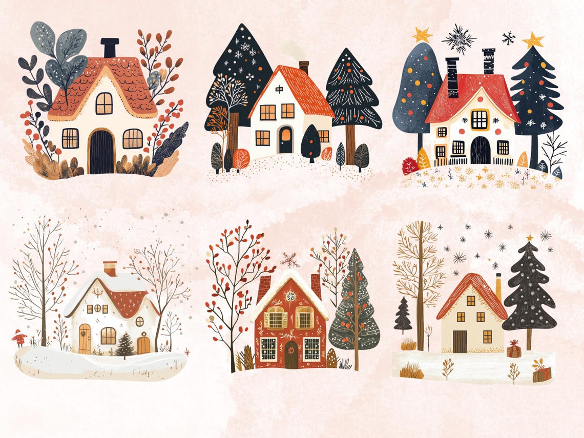 30 PNG Scandinavian Christmas House Clipart, Christmas House Folk Art ...