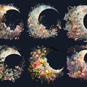 22 PNG Watercolor Floral Moons Clipart, Floral Crescent Moons With Flowers PNG Bundle, Moon Clip ...