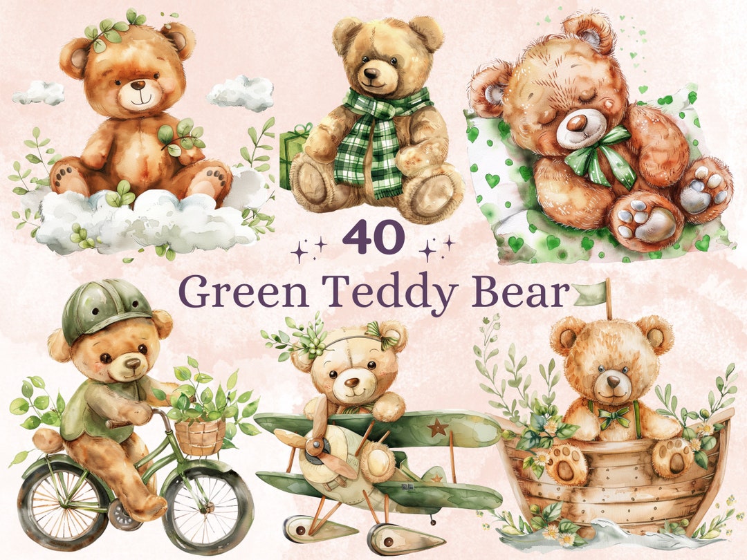 40 PNG Watercolor Green Teddy Bear Clipart, Boho Baby Shower ...