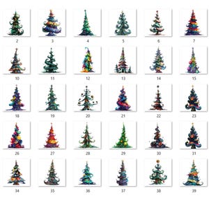 40 PNG Watercolor Whimsical Xmas Tree Clipart, Quirky Christmas ...