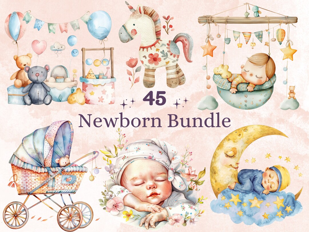 45 PNG Watercolor Newborn Bundle Clipart, Pastel Baby Shower ...