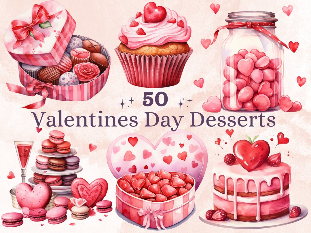 50 PNG Watercolor Valentine's Day Dessert Clipart, Sweet Valentines Day ...