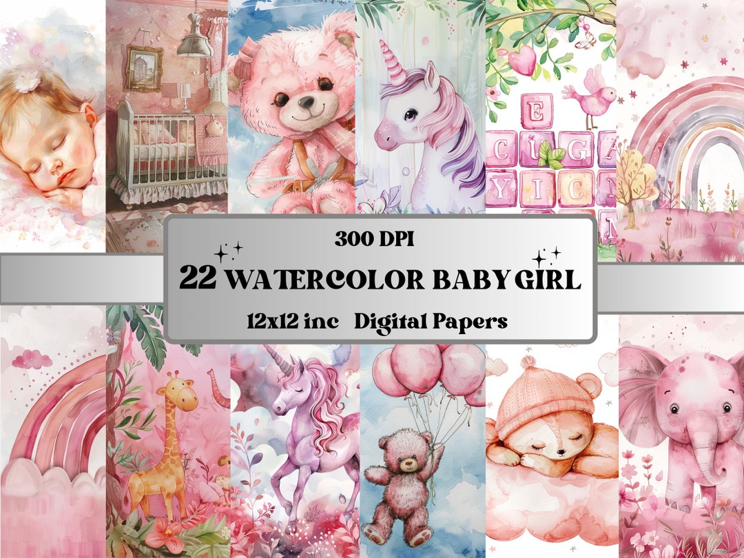 Printable Watercolor Baby Girl Paper, Pink Baby Girl Nursery Background ...