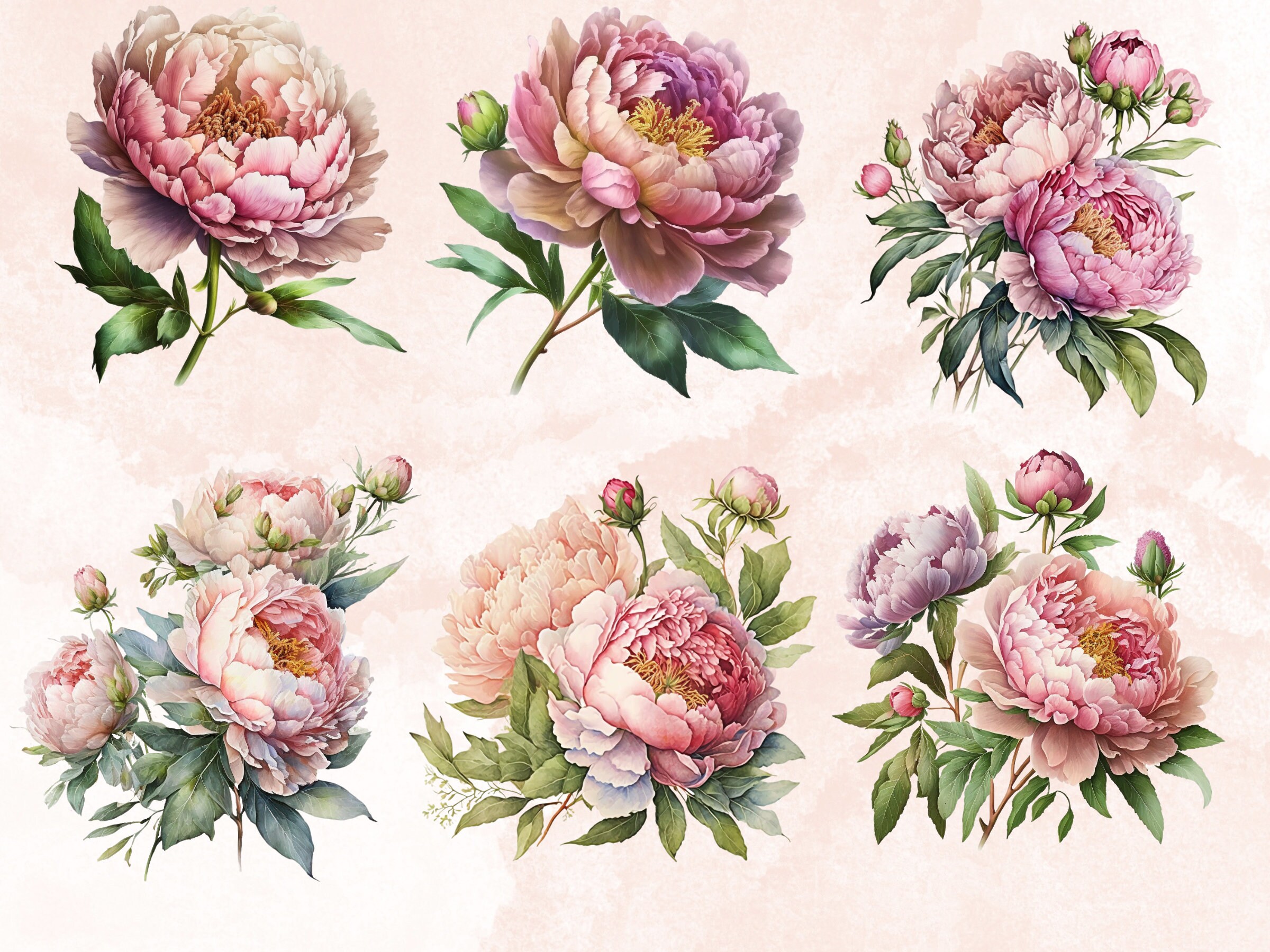24 PNG Watercolor Pink Peonies Clipart, Pink Peony Clip Art Bundle ...