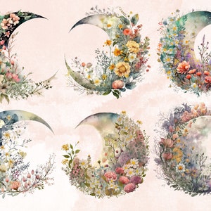 22 PNG Watercolor Floral Moons Clipart, Floral Crescent Moons With ...