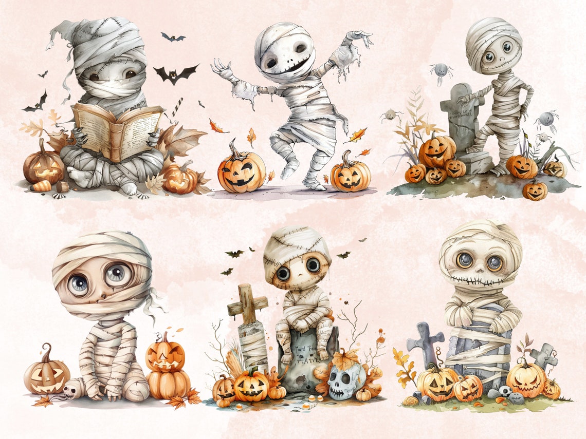 30 PNG Watercolor Halloween Mummy Clipart, Cute Creepy Halloween ...
