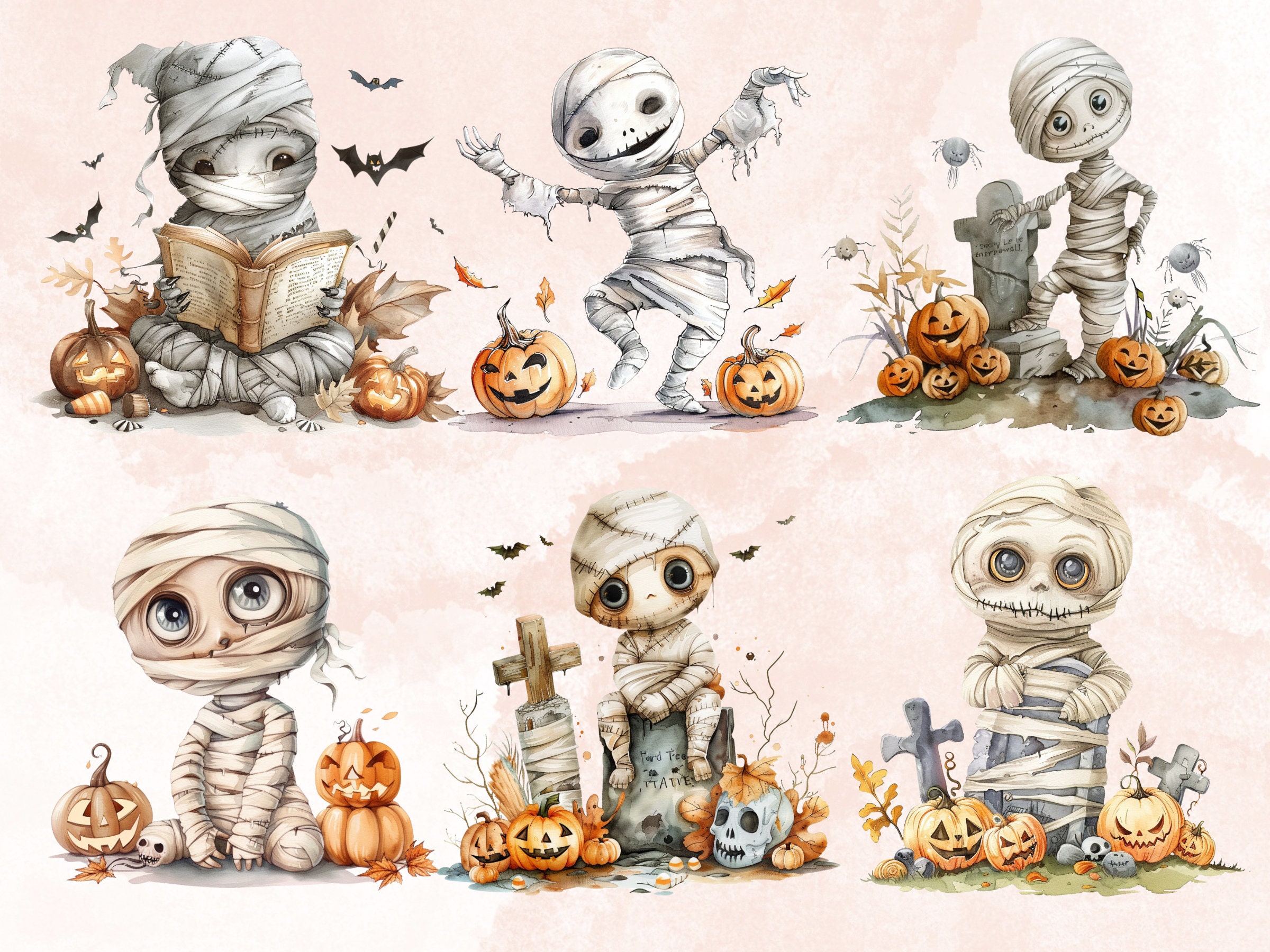 30 PNG Watercolor Halloween Mummy Clipart, Cute Creepy Halloween ...