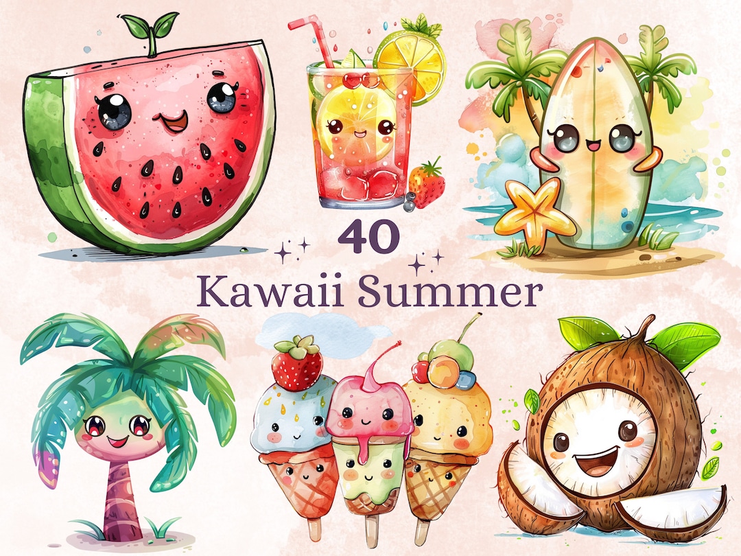 40 PNG Watercolor Cute Kawaii Summer Clipart, Tropical Summer Animals ...