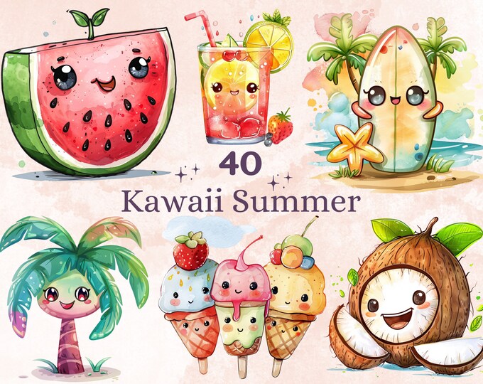 Summer Clipart Set With Cute Kawaii Cartoon Characters. 34 Digital ...
