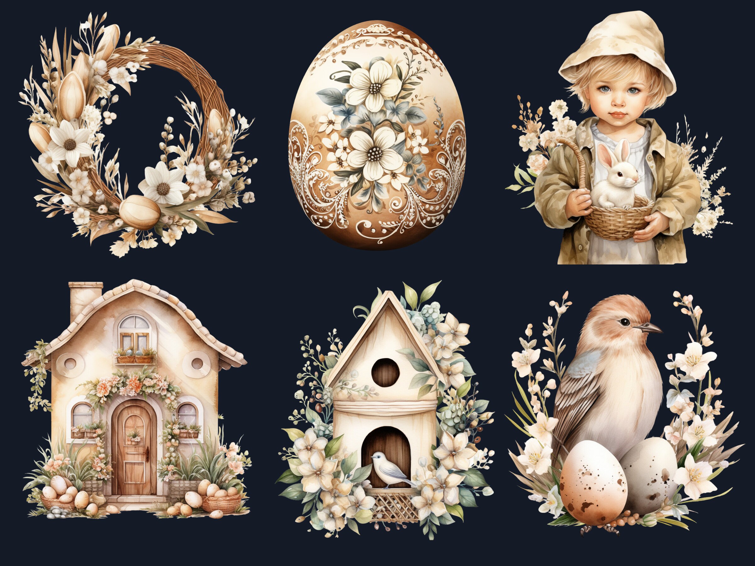 55 PNG Watercolor Boho Easter Bundle Clipart, Bohemian Easter Egg ...
