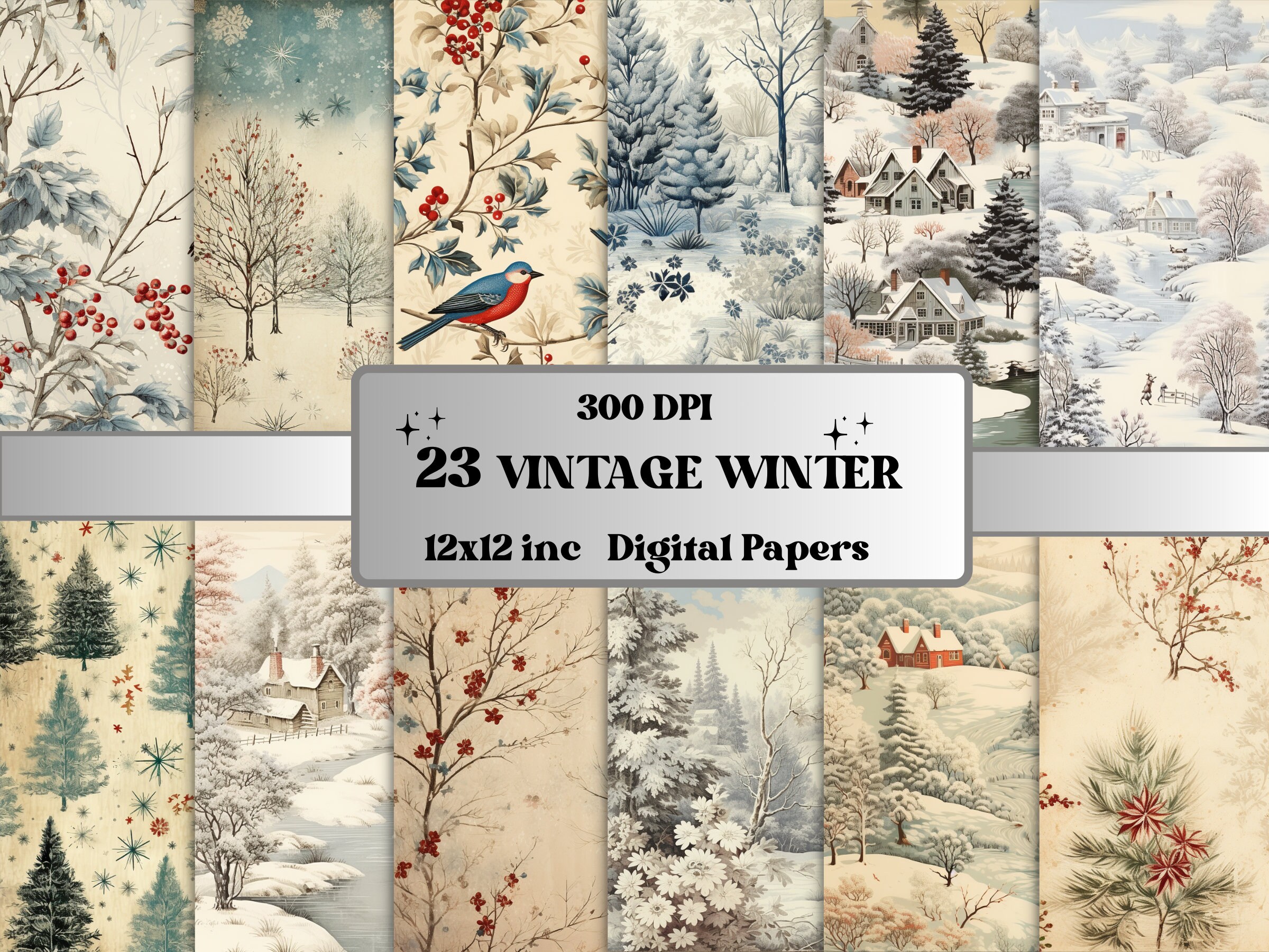 Printable Vintage Winter Digital Paper, Winter Wonderland Ephemera ...