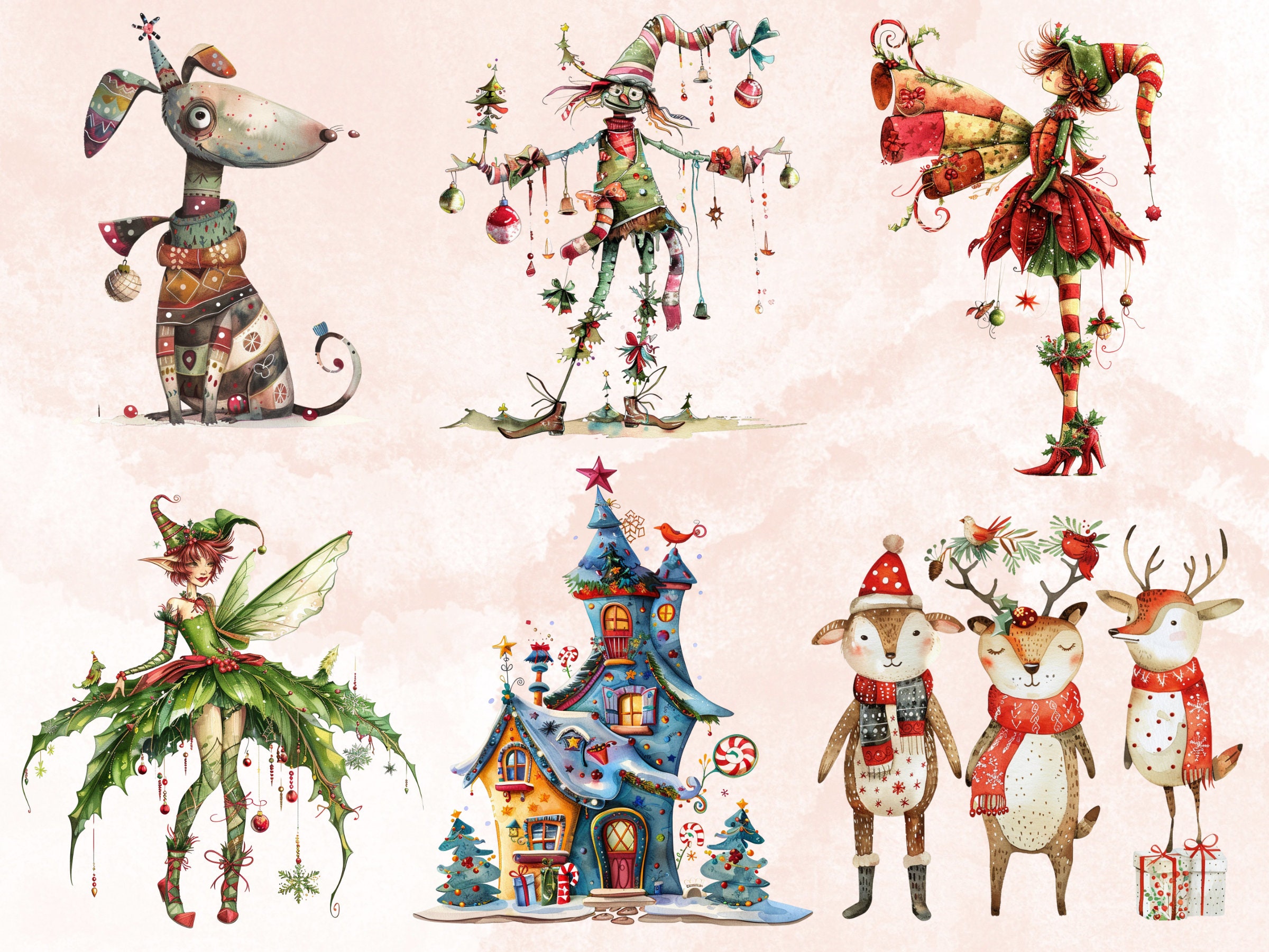 50 PNG Watercolor Quirky Christmas Bundle Clipart, Whimsical Christmas ...