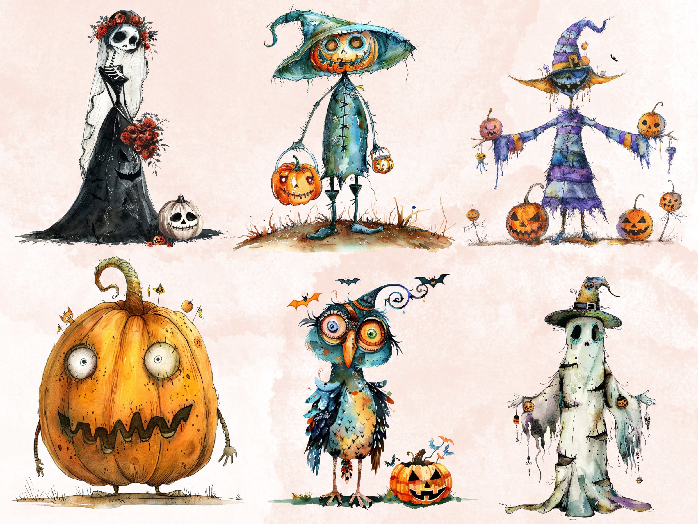 50 PNG Watercolor Quirky Halloween Bundle Clipart, Whimsical Halloween ...