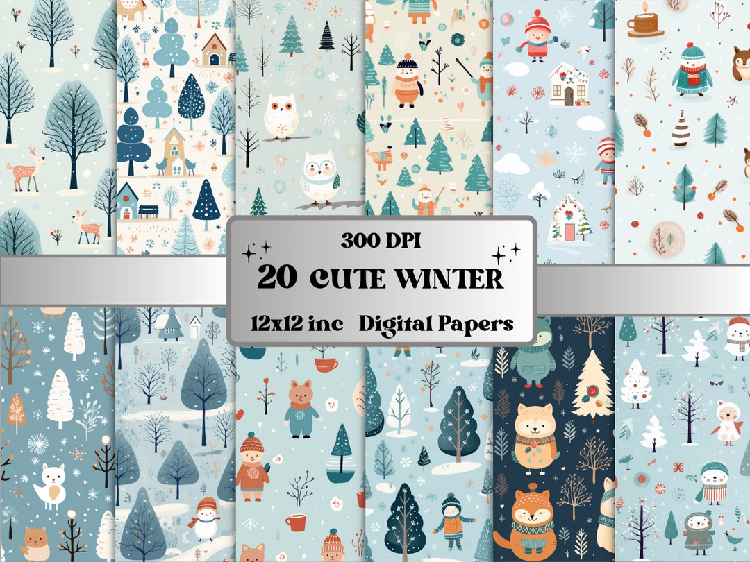 Printable Cute Winter Digital Paper, Winter Wonderland Ephemera, Kawaii ...