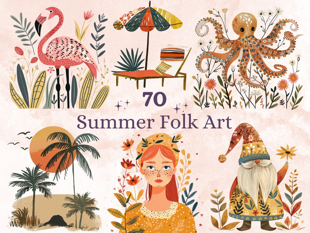 70 PNG Watercolor Summer Folk Art Clipart, Scandinavian Beach ...
