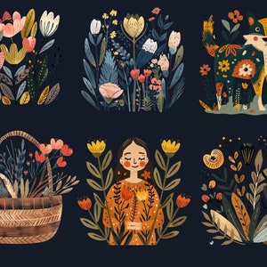 60 PNG Watercolor Spring Folk Art Clipart, Scandinavian Spring Animal ...