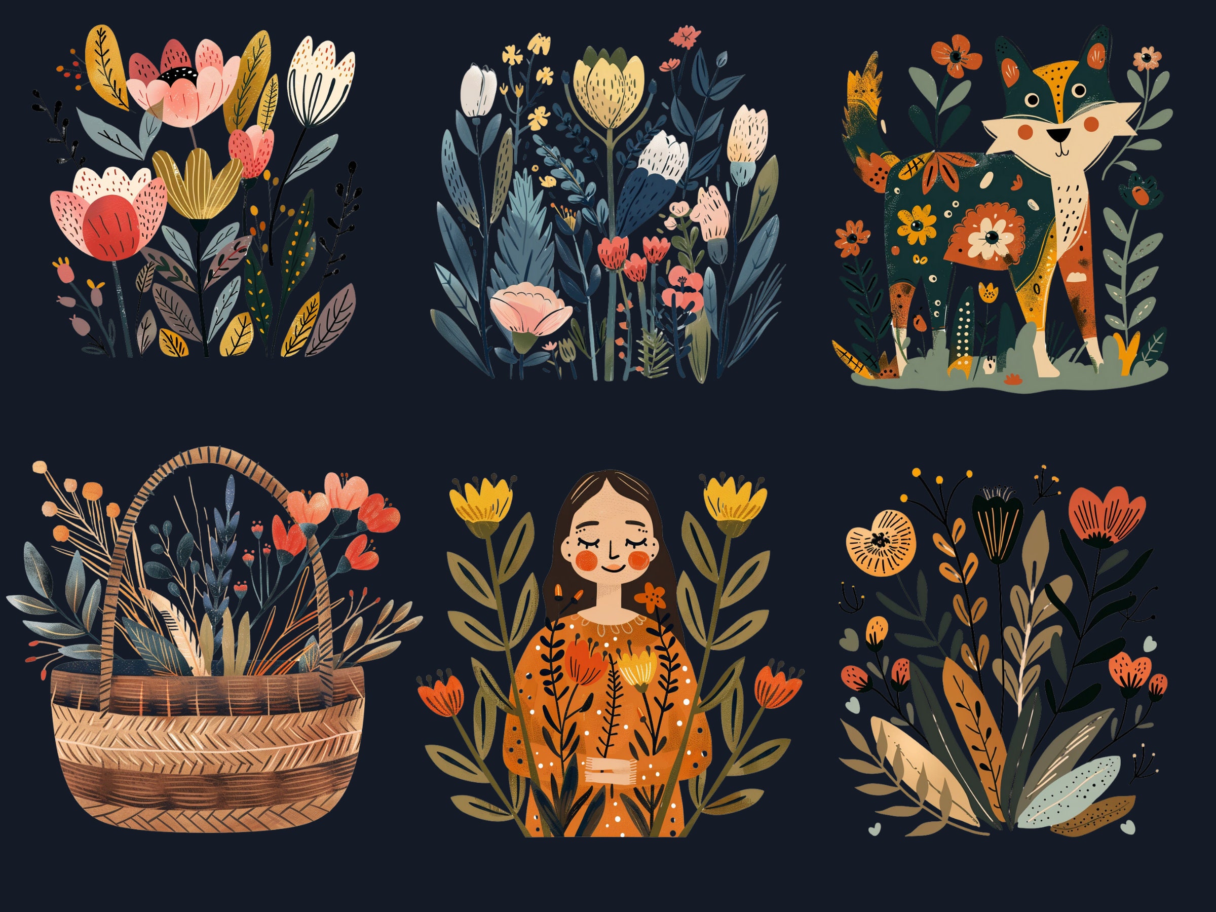 60 PNG Watercolor Spring Folk Art Clipart, Scandinavian Spring Animal ...