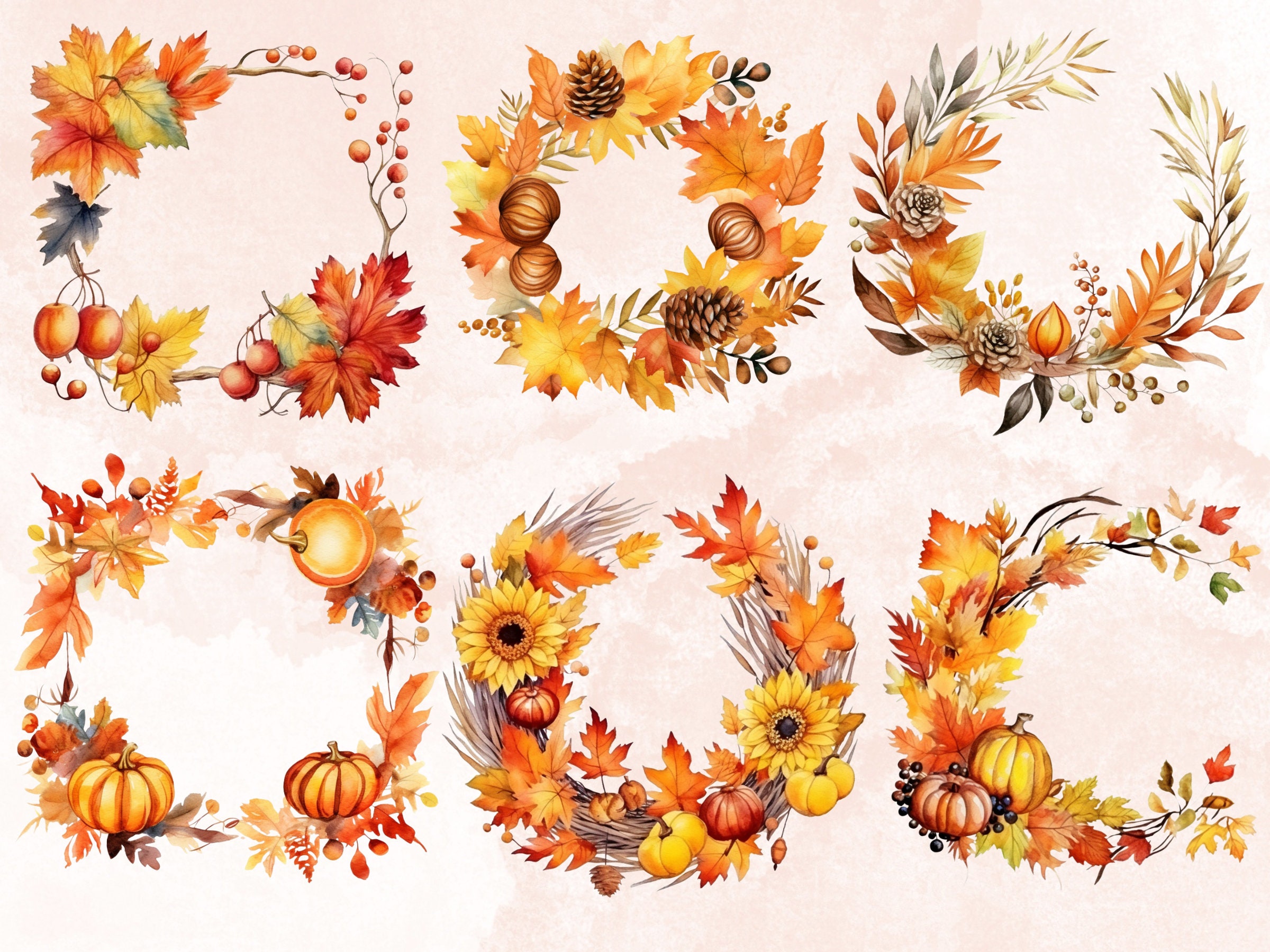 30 PNG Watercolor Fall Wreath Clipart, Floral Autumn Frames ...