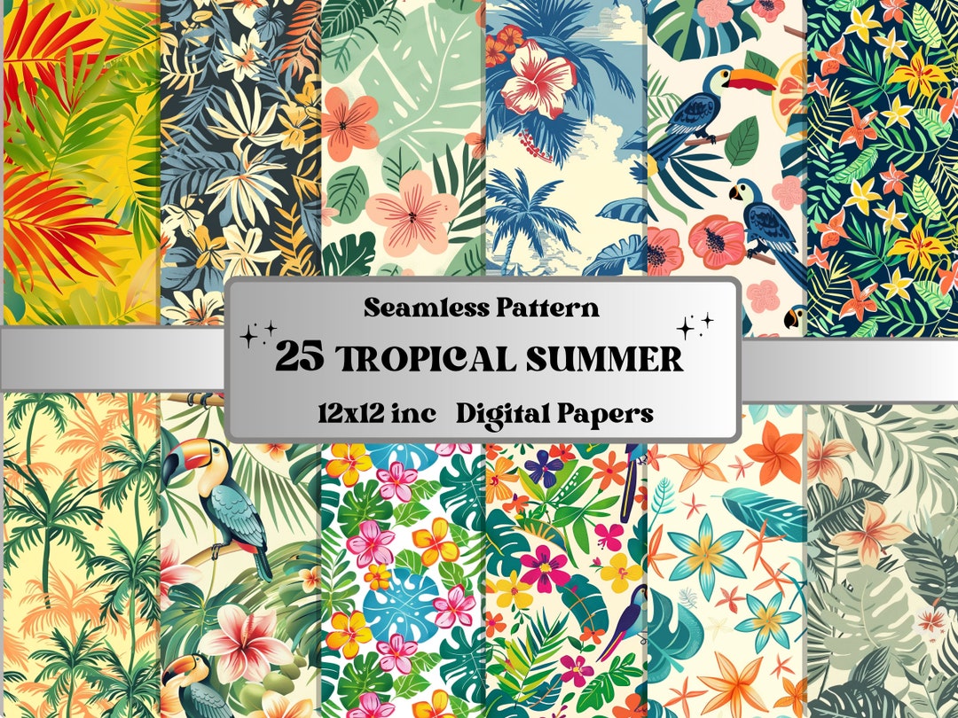 Seamless Tropical Summer Digital Paper, Botanical Seamless Pattern ...