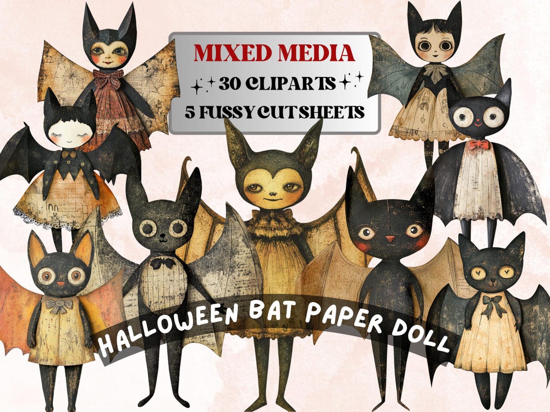 Halloween Bat Paper Doll Mixed Media Clipart, Whimsical Bat Fussy Cut ...
