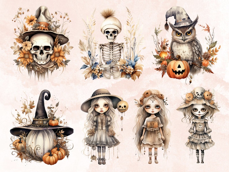 60 PNG Watercolor Boho Halloween Bundle Clipart, Bohemian Halloween ...