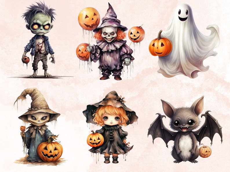 50 PNG Watercolor Cute Halloween Bundle Clipart, Kawaii Halloween ...