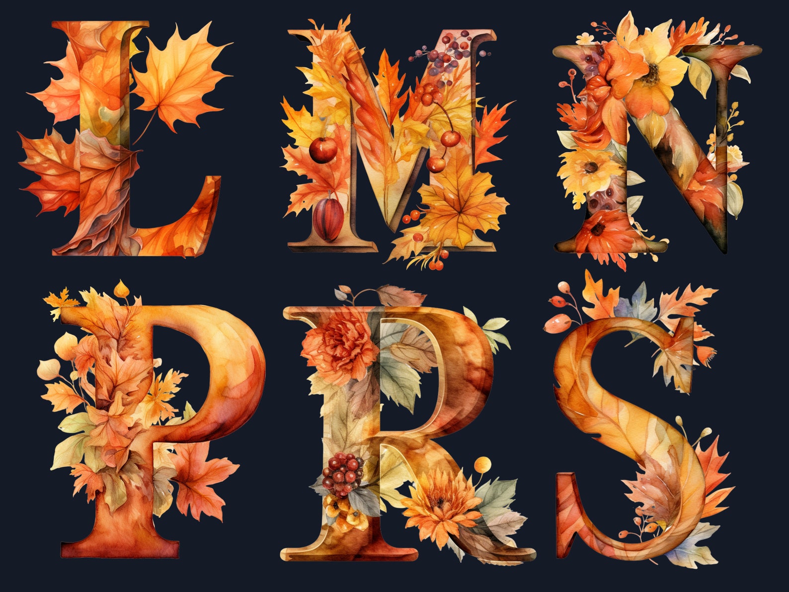 25 PNG Watercolor Fall Alphabet Clipart, Floral Autumn Letters ...