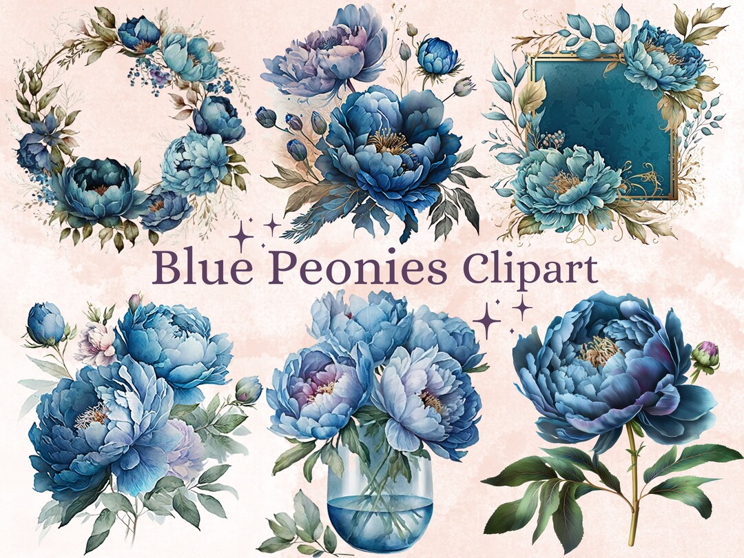 20 PNG Watercolor Blue Peonies Clipart, Blue & Navy Peony Clip Art ...