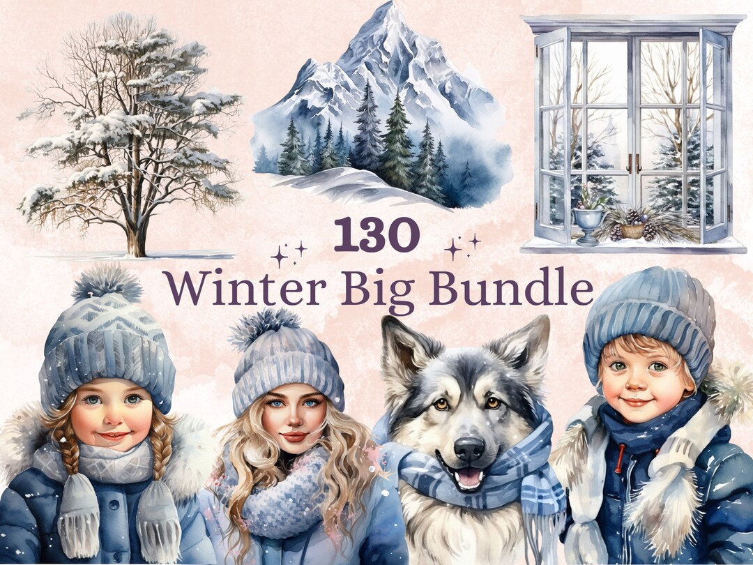 130 PNG Watercolor Winter Big Bundle Clipart, Snowy Forest Landscape ...