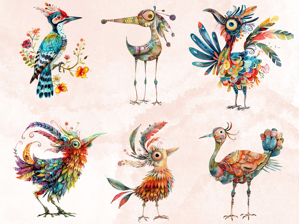 45 PNG Watercolor Quirky Birds Clipart, Whimsical Crazy Birds ...