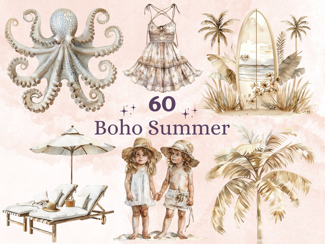 60 PNG Watercolor Boho Summer Clipart, Bohemian Summer Girl ...