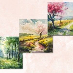 Printable Watercolor Spring Landscapes Digital Paper, Spring Woodland ...
