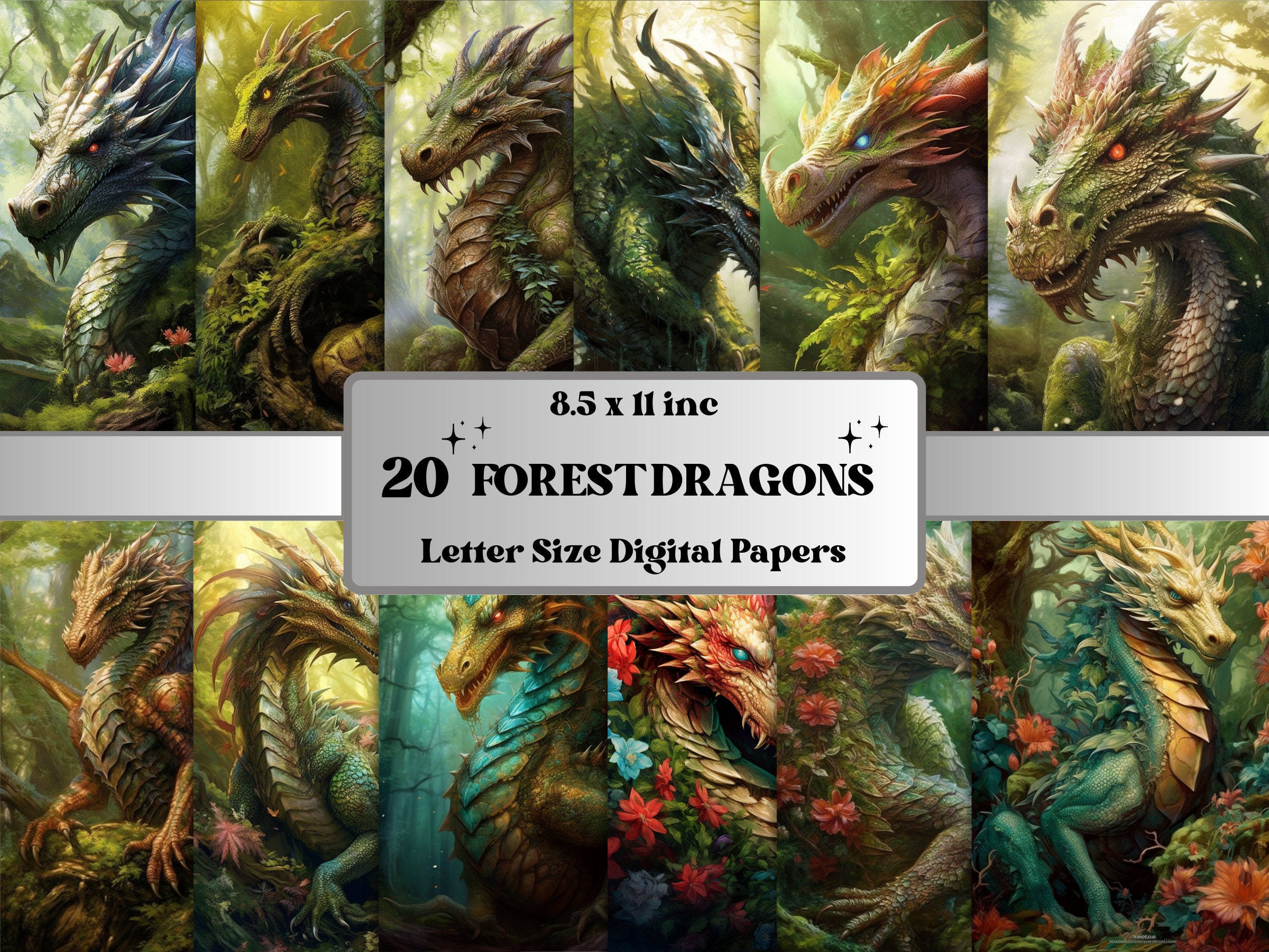 Printable Fantasy Forest Dragons Digital Paper Green Dragon Digital printable-fantasy-forest-dragons-digital-paper-green-dragon-digital