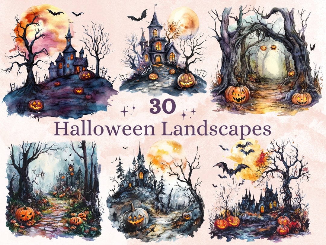 30 PNG Watercolor Halloween Landscapes Clipart, Halloween Scenes ...