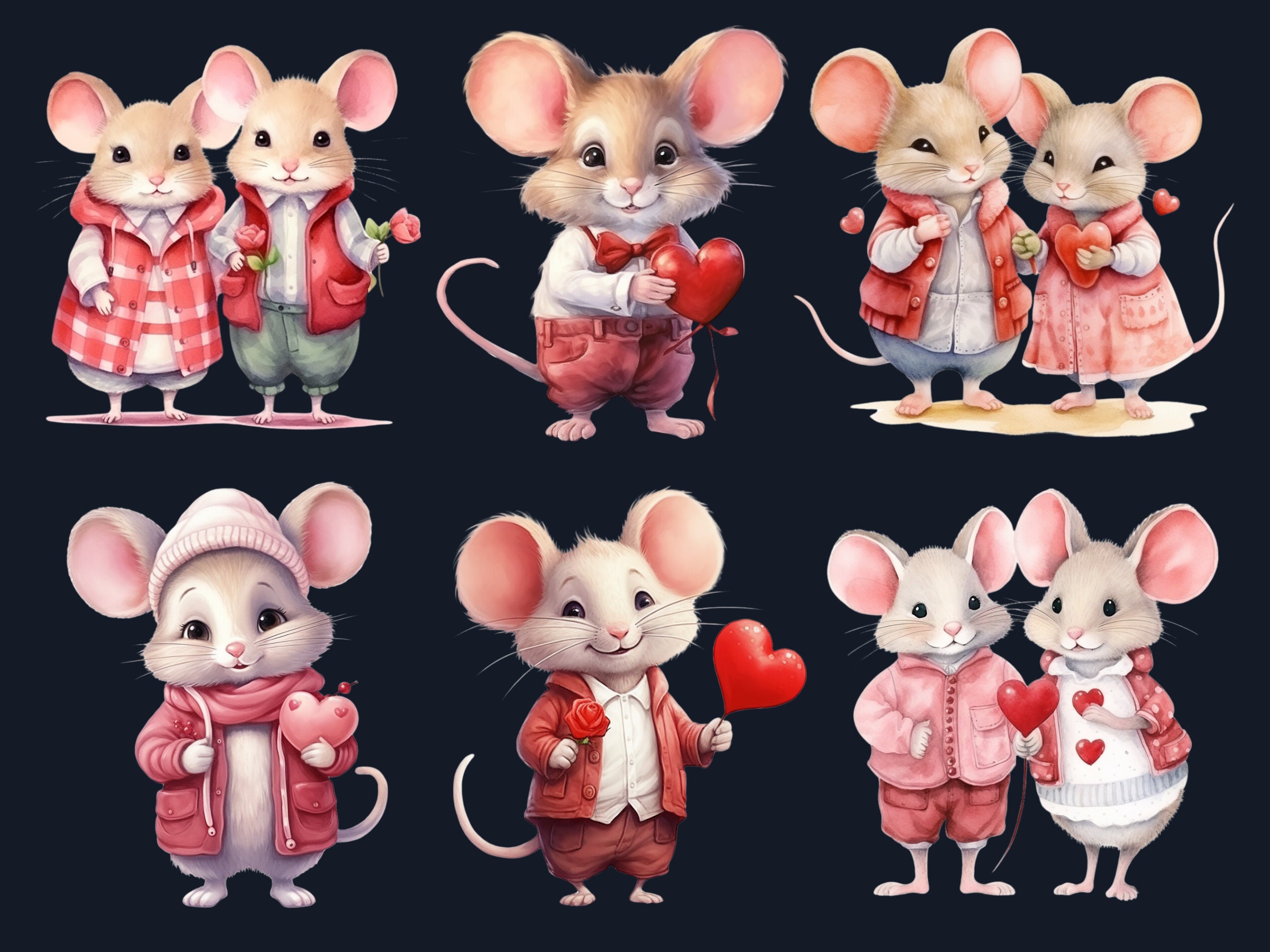 40 PNG Watercolor Valentine's Day Mice Clipart, Lovely Valentines Day ...
